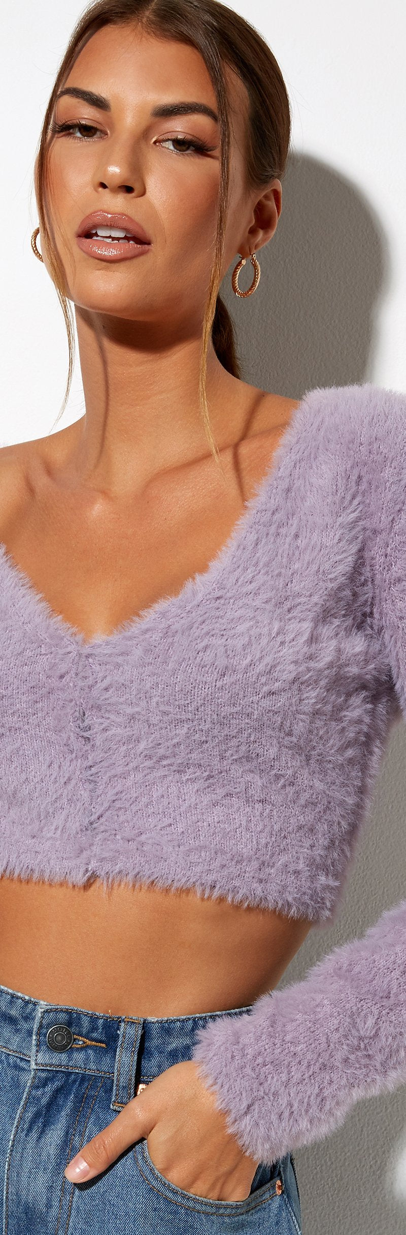 Lilac Long Sleeve V Neckline Fluffy Cropped Cardigan | Vima ...