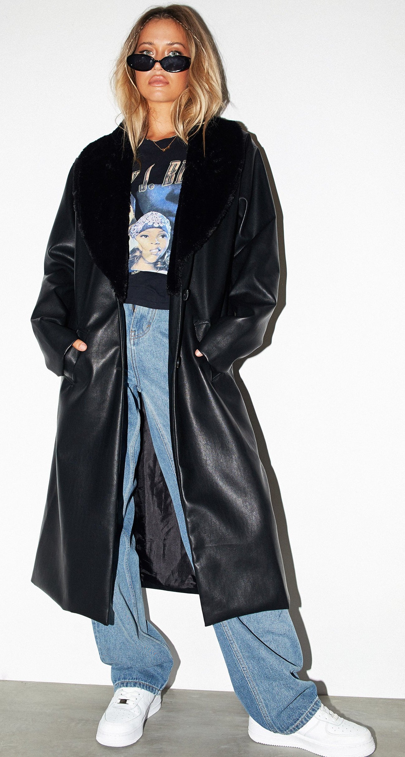 Fluffy Collar Pu Black Longline Coat | Weaver – motelrocks-com-us