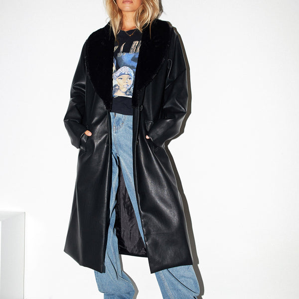 Fluffy Collar Pu Black Longline Coat | Weaver – motelrocks-com-us