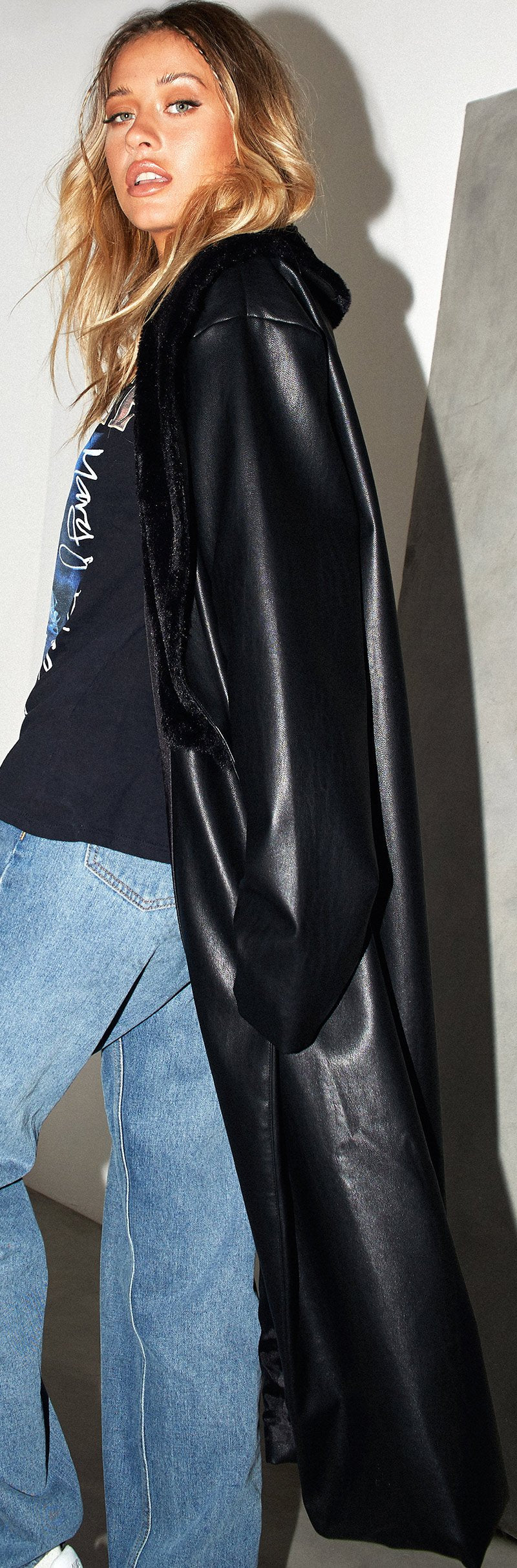 Fluffy Collar Pu Black Longline Coat | Weaver – motelrocks-com-us