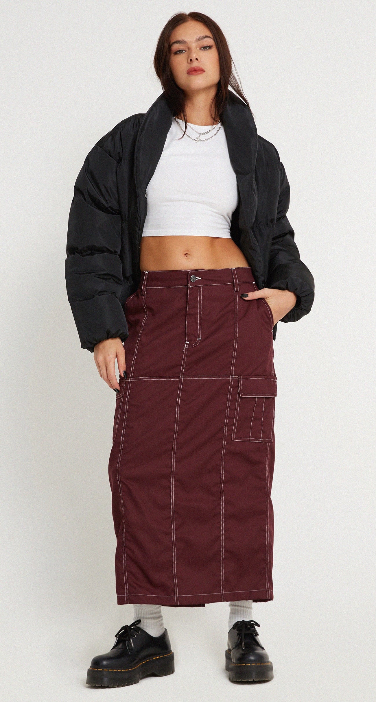 Redwood with White Top Stitch Cargo Midi Skirt | Widya – motelrocks-com-us