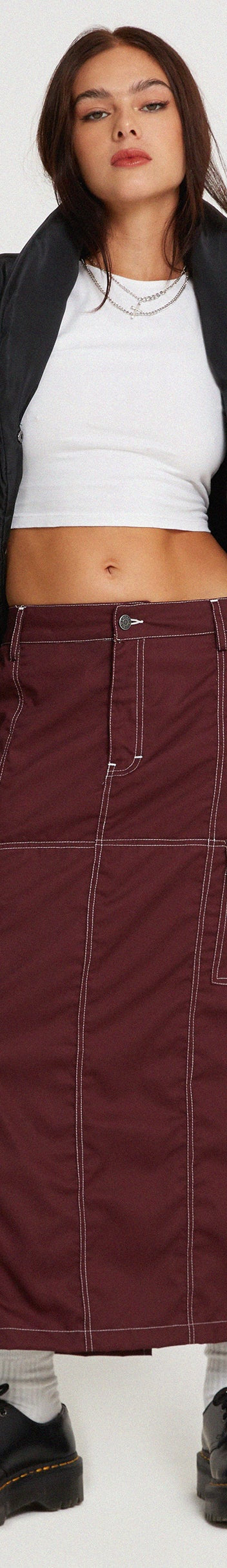 Redwood with White Top Stitch Cargo Midi Skirt | Widya – motelrocks-com-us