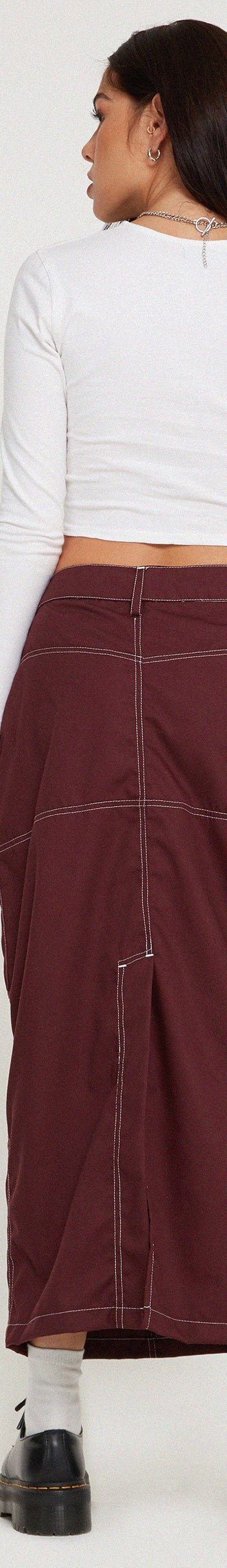 Redwood with White Top Stitch Cargo Midi Skirt | Widya – motelrocks-com-us