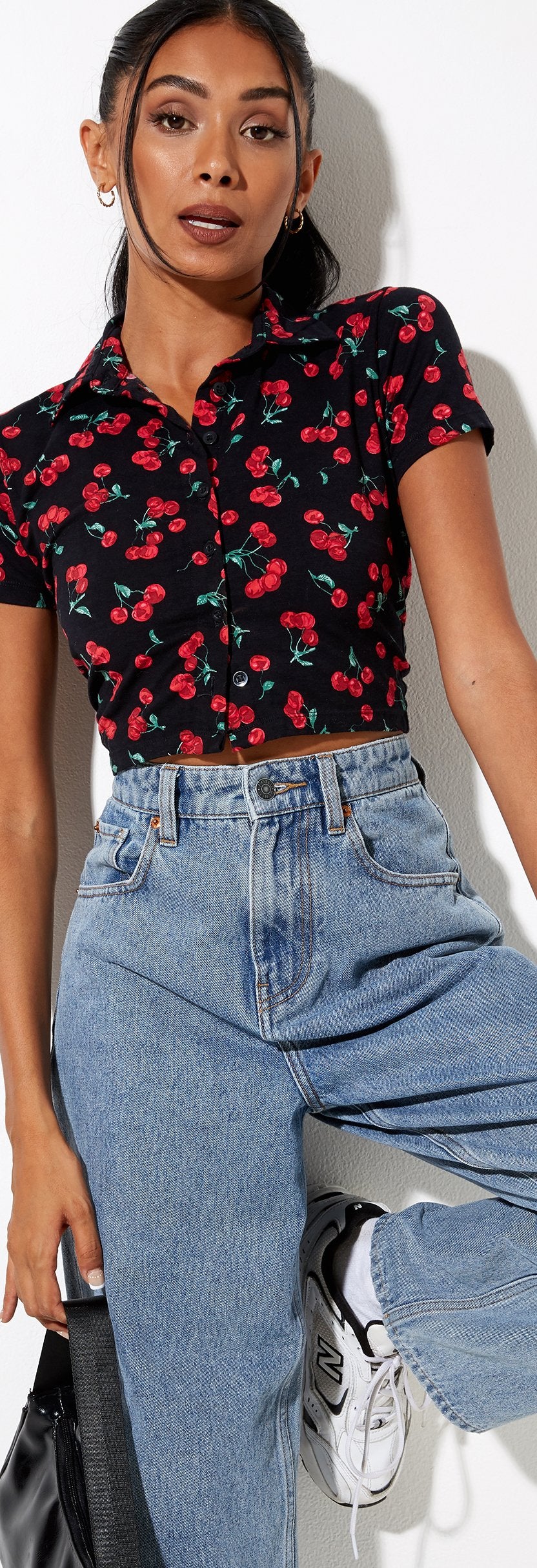 Short Sleeve Black and Red Cherry Print Shirt | Wuma – motelrocks-com-us