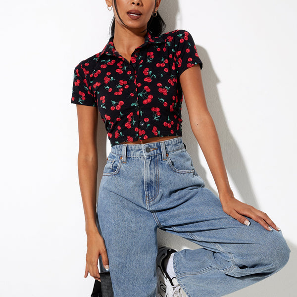 Short Sleeve Black and Red Cherry Print Shirt | Wuma – motelrocks-com-us