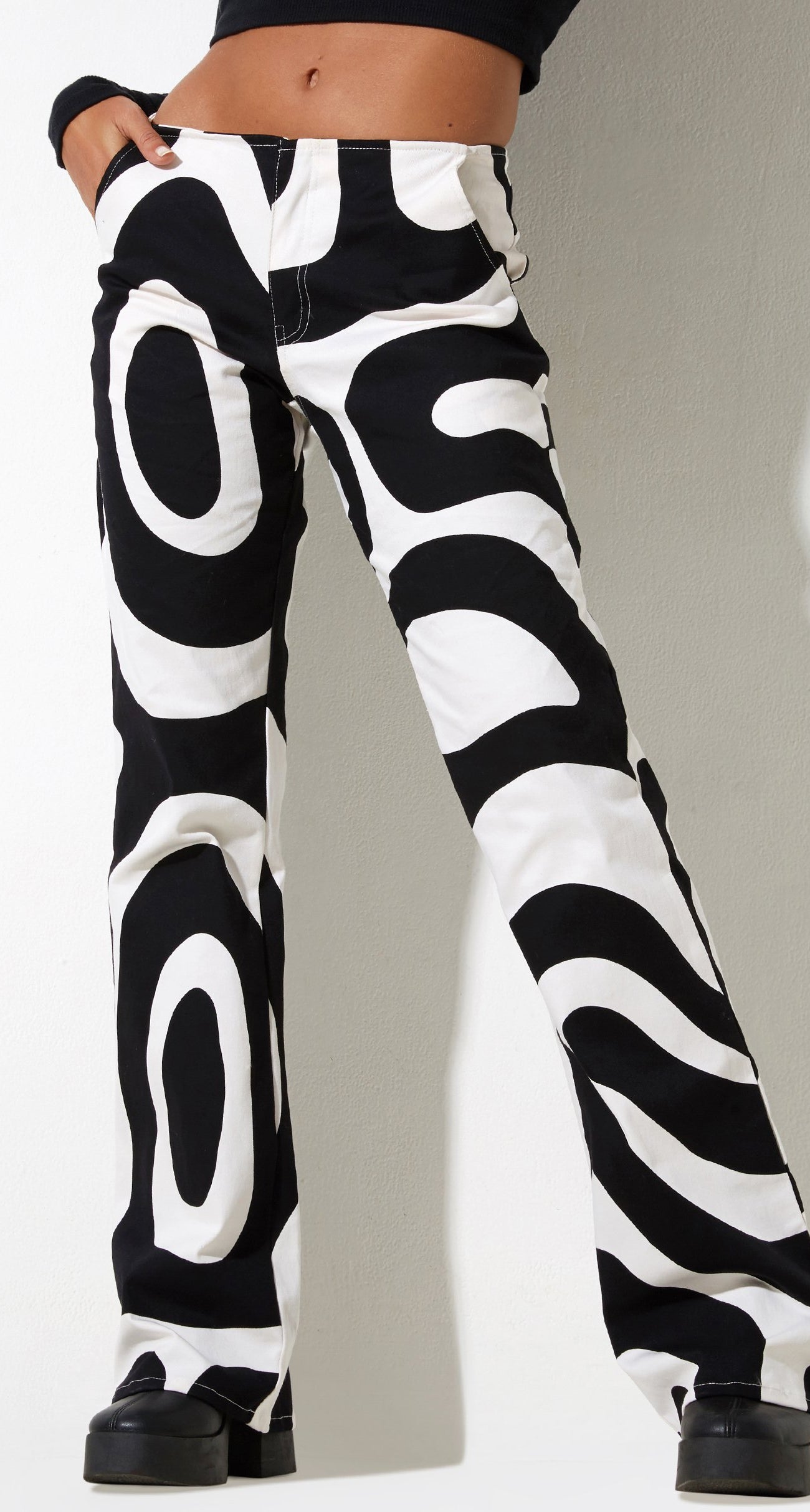 Black and White Swirl Print Flare Trousers | Zoetry – motelrocks-com-us