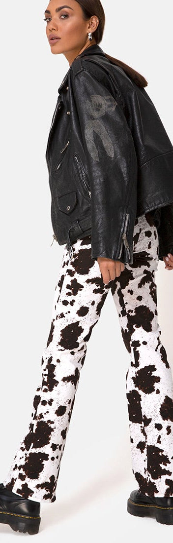 High Waist White and Brown Cow Flare Trouser | Zoven – motelrocks-com-us