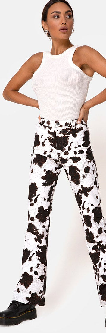 High Waist White and Brown Cow Flare Trouser | Zoven – motelrocks-com-us