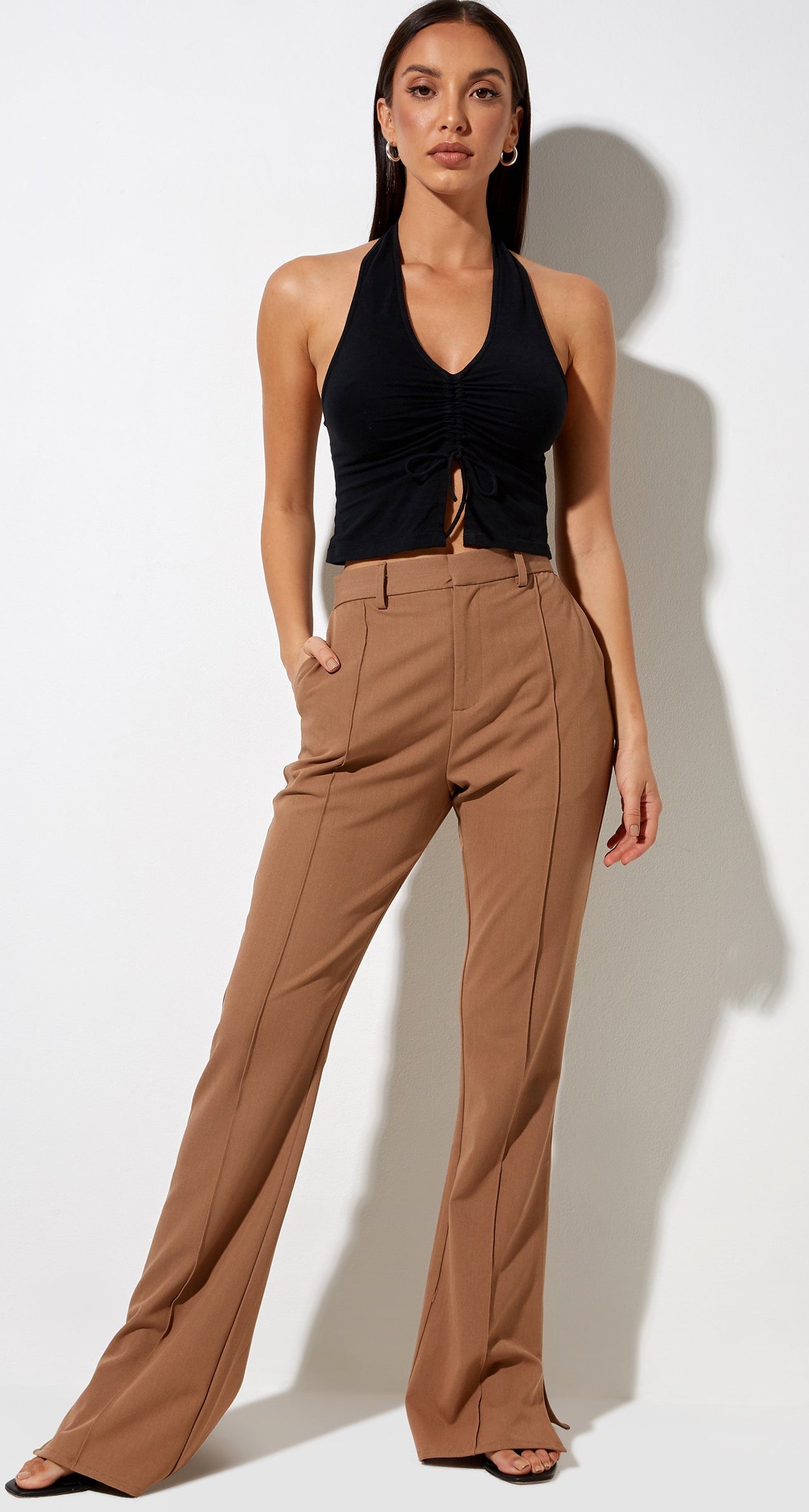 Split Hem Brown Putty Flare Trouser | Zovey – motelrocks-com-us