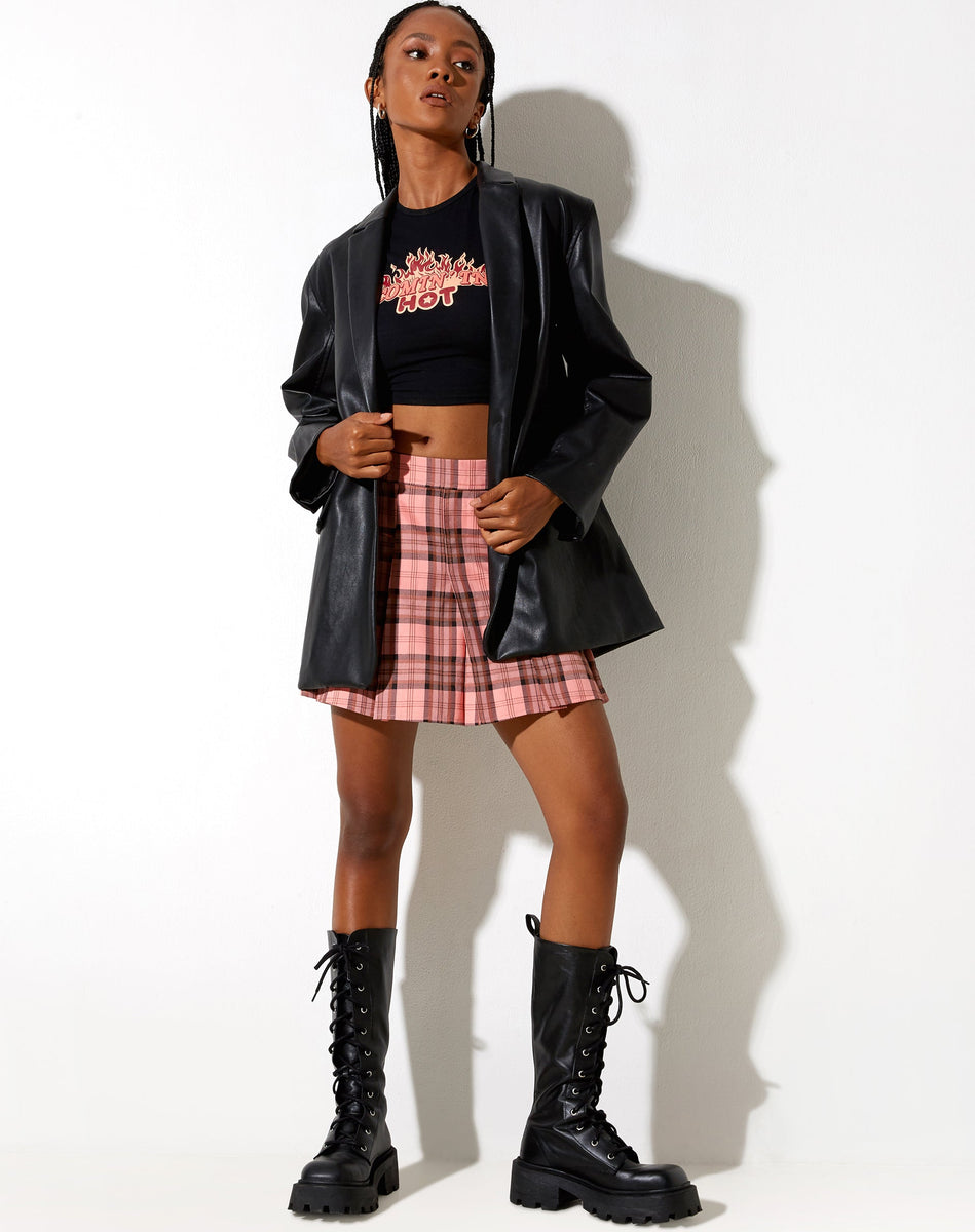 High Waisted Long Pleated Pink and Brown Check Mini Skirt | Carga ...
